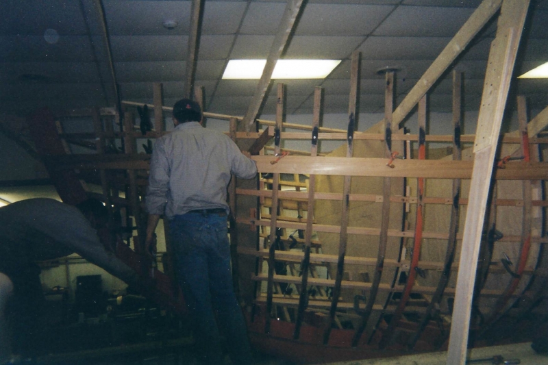 With her ribbands all installed, one can get a good glimpse of her hull ...